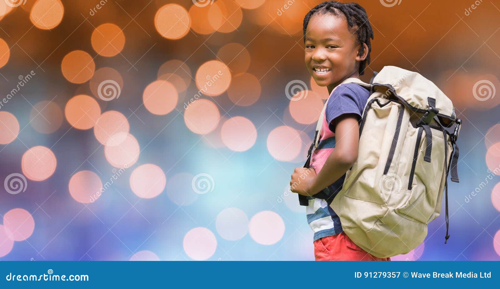 Rear View of School Child Carrying Backpack Over Bokeh Stock Image ...