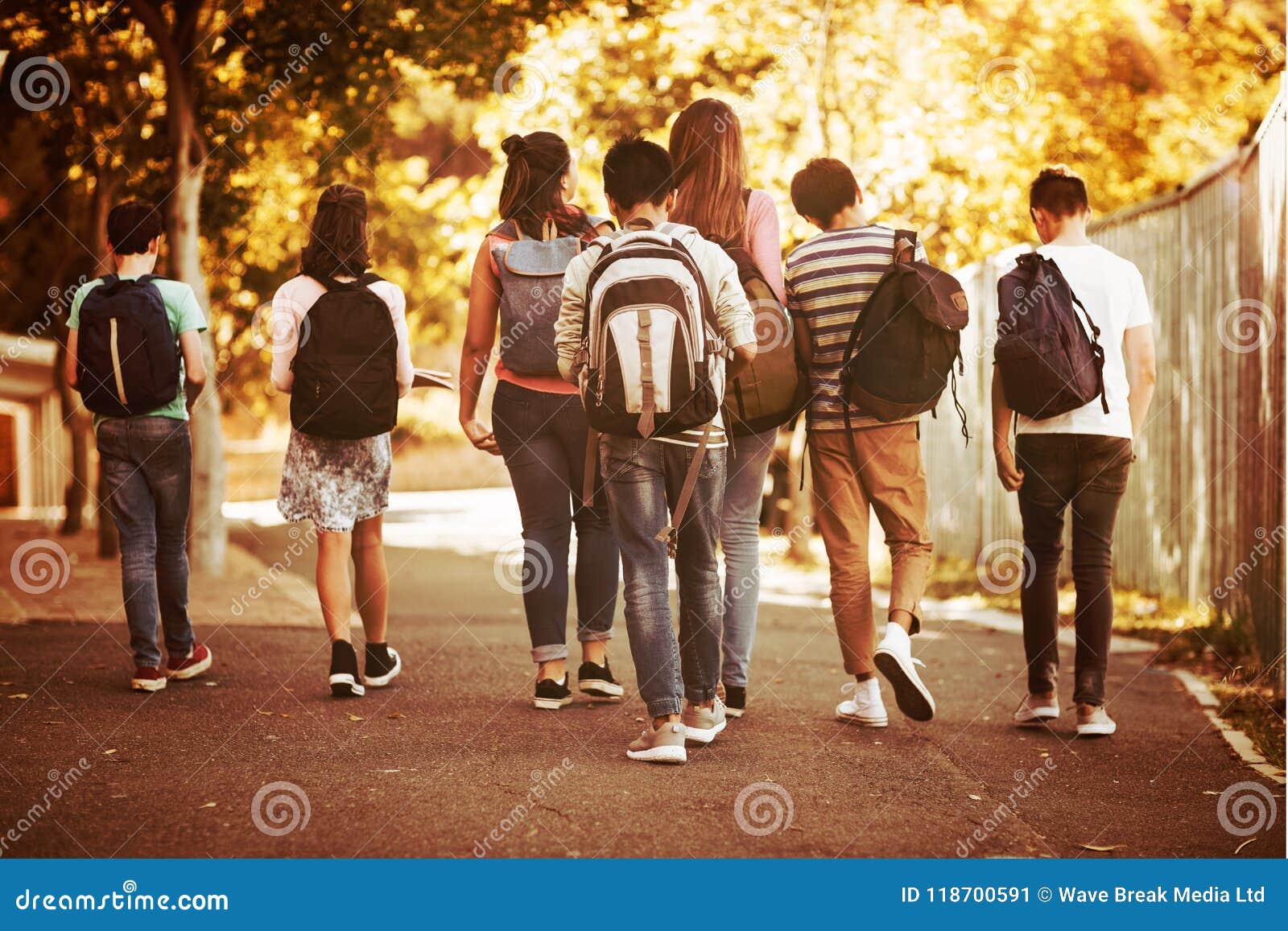 Rear View of School Kids Walking on Road in Campus Stock Image - Image ...