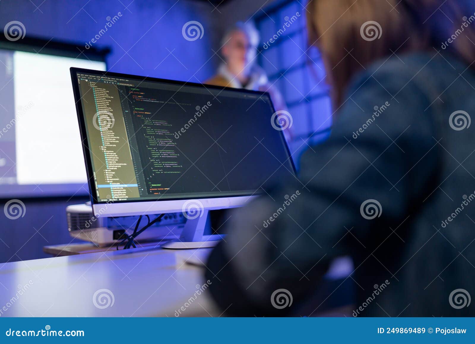 Rear View of Schoolgirl Using Computer in Classroom at School Stock ...