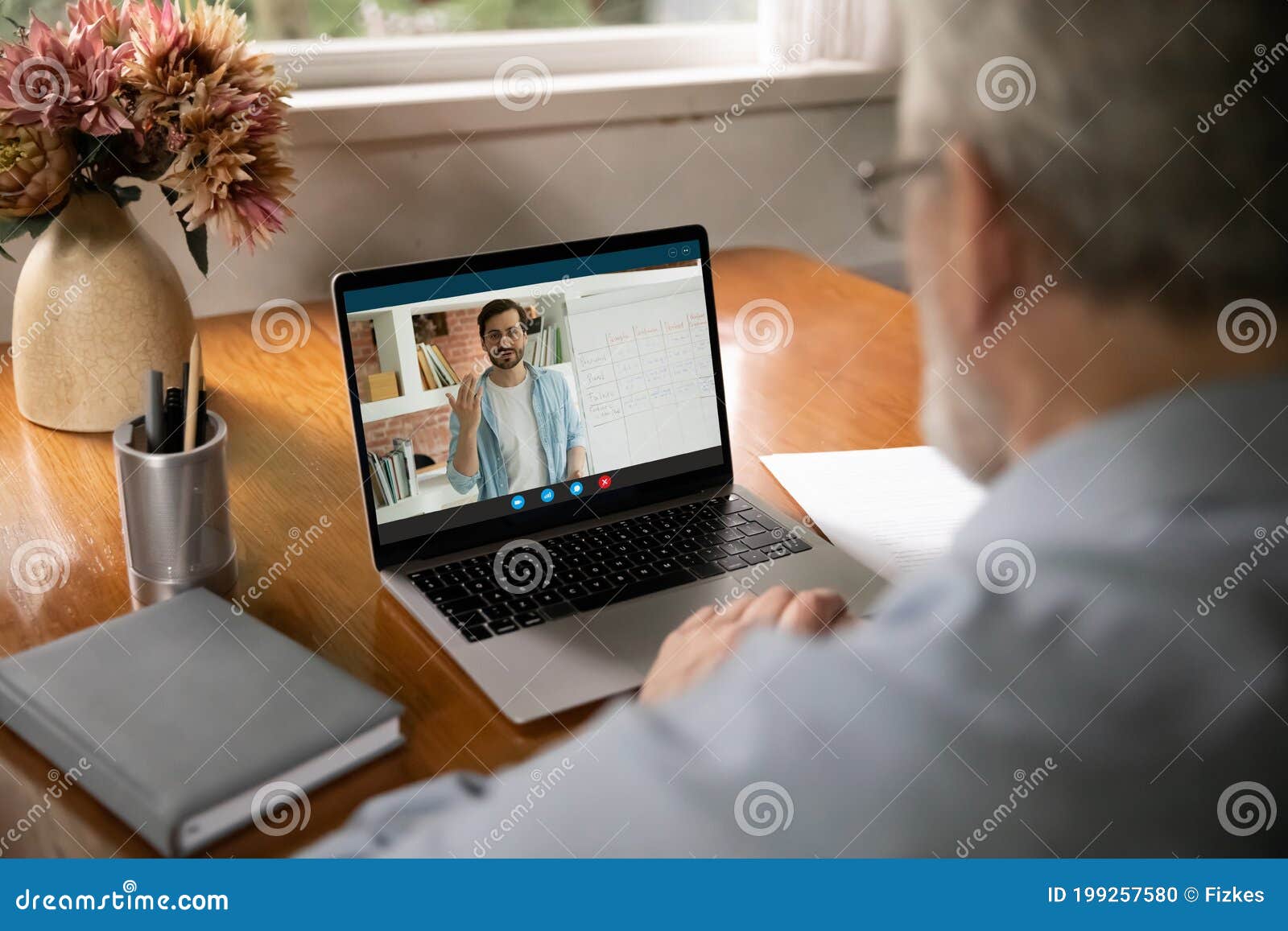 Rear View Senior Man Watching Webinar, Learning Language Online Stock ...