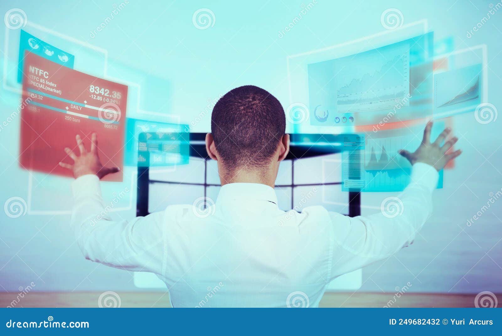 A Rear View Shot of a Man Using a Futuristic Computer. All Screen ...