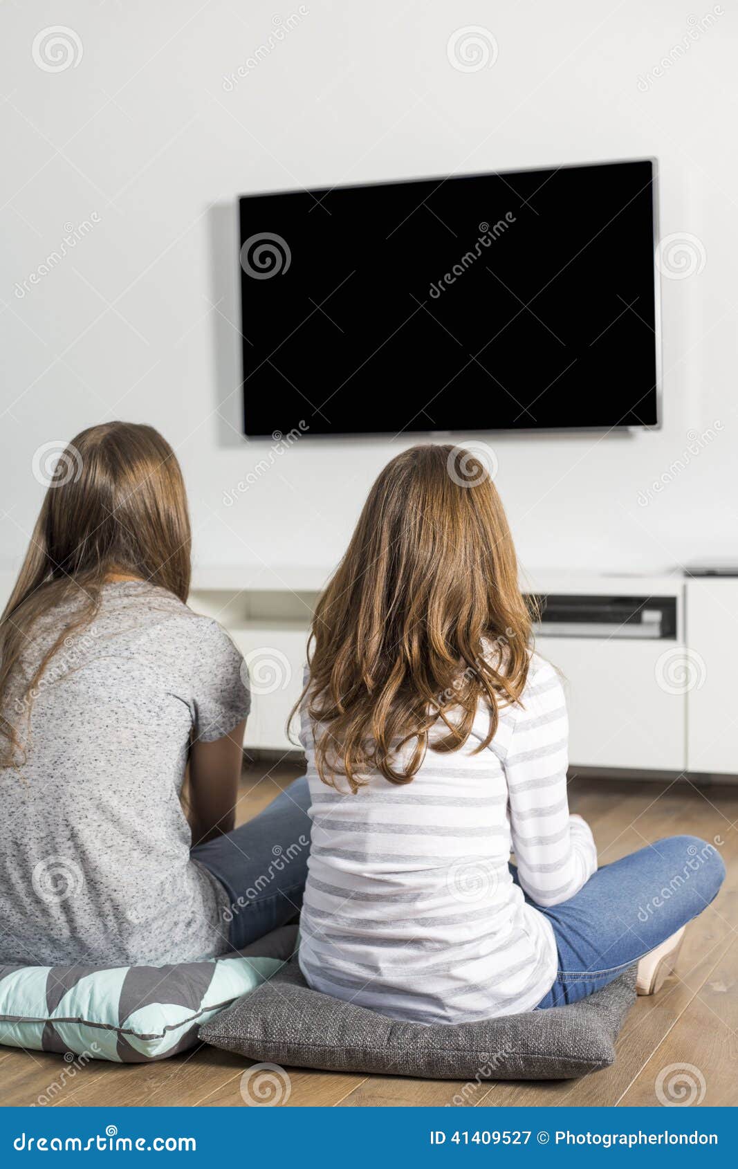 Rear View of Sisters Watching TV at Home Stock Image - Image of leisure ...