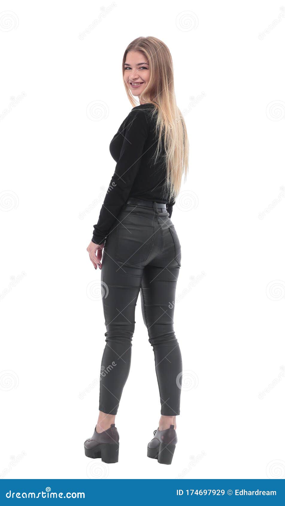 Rear View. Smiling Young Woman Looking at the Camera Stock Image ...