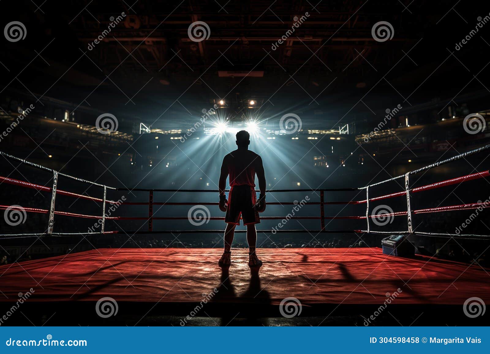 Rear View of a Strong Boxer in a Boxing Ring Under Spotlights Stock ...