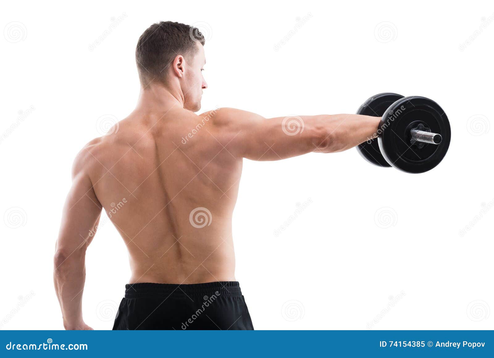 Rear View of Strong Man Lifting Dumbbell Stock Image - Image of ...