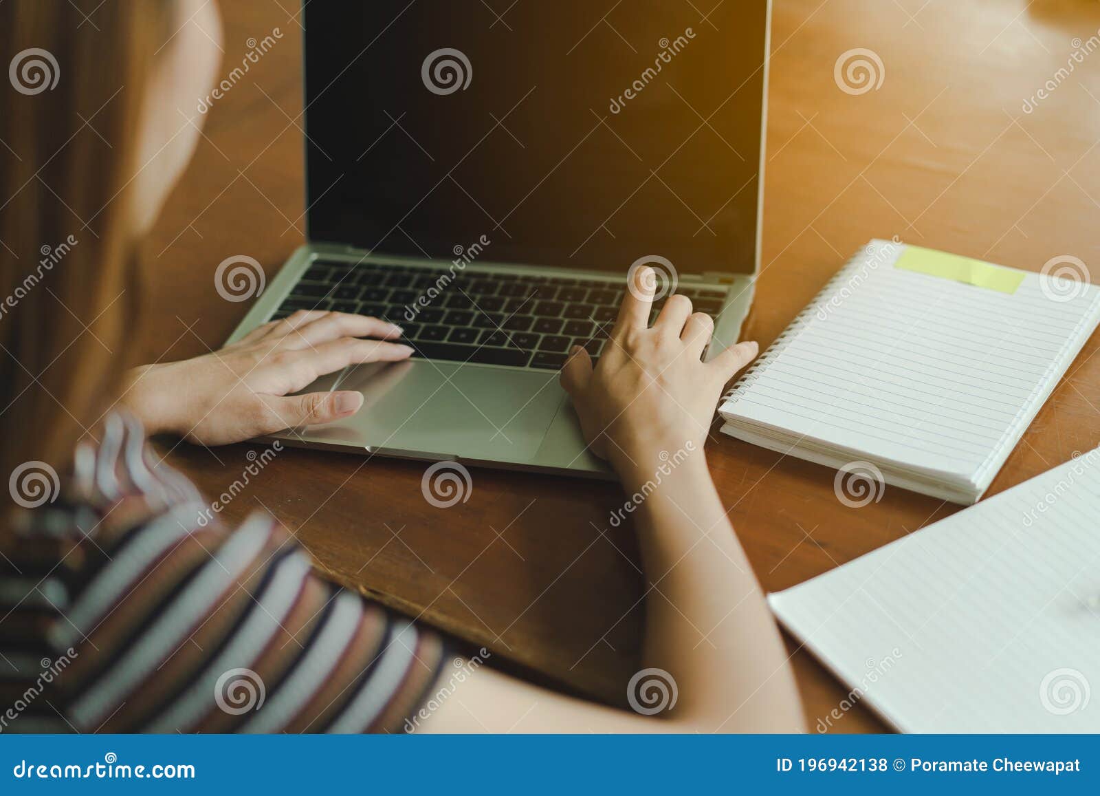 View of Student Using Computer on the Table To Studying at Home Stock ...
