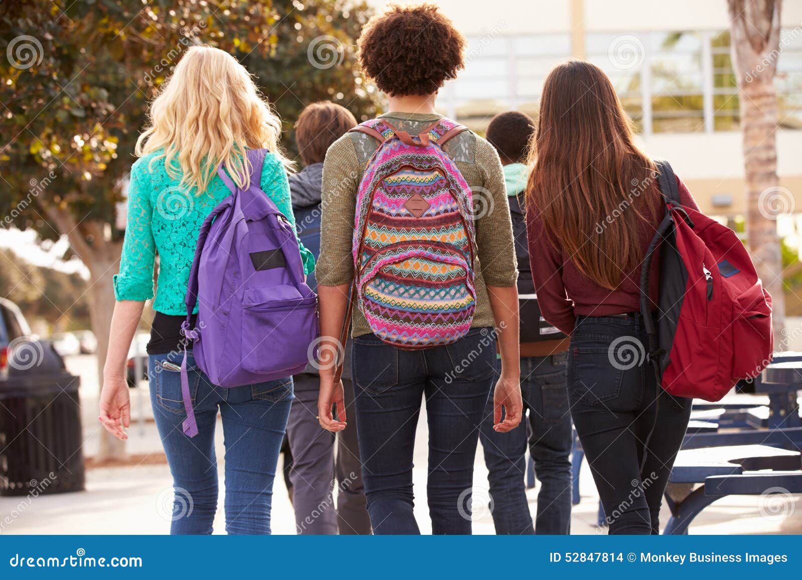 Rear View of Students Walking To High School Stock Photo - Image of ...