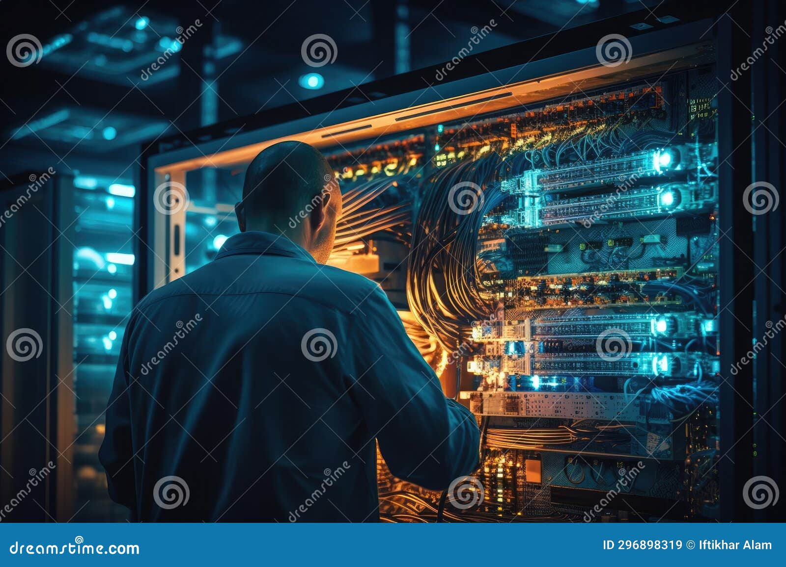 Rear View of a Technician Working in Datacenter Server Room, Rear View ...