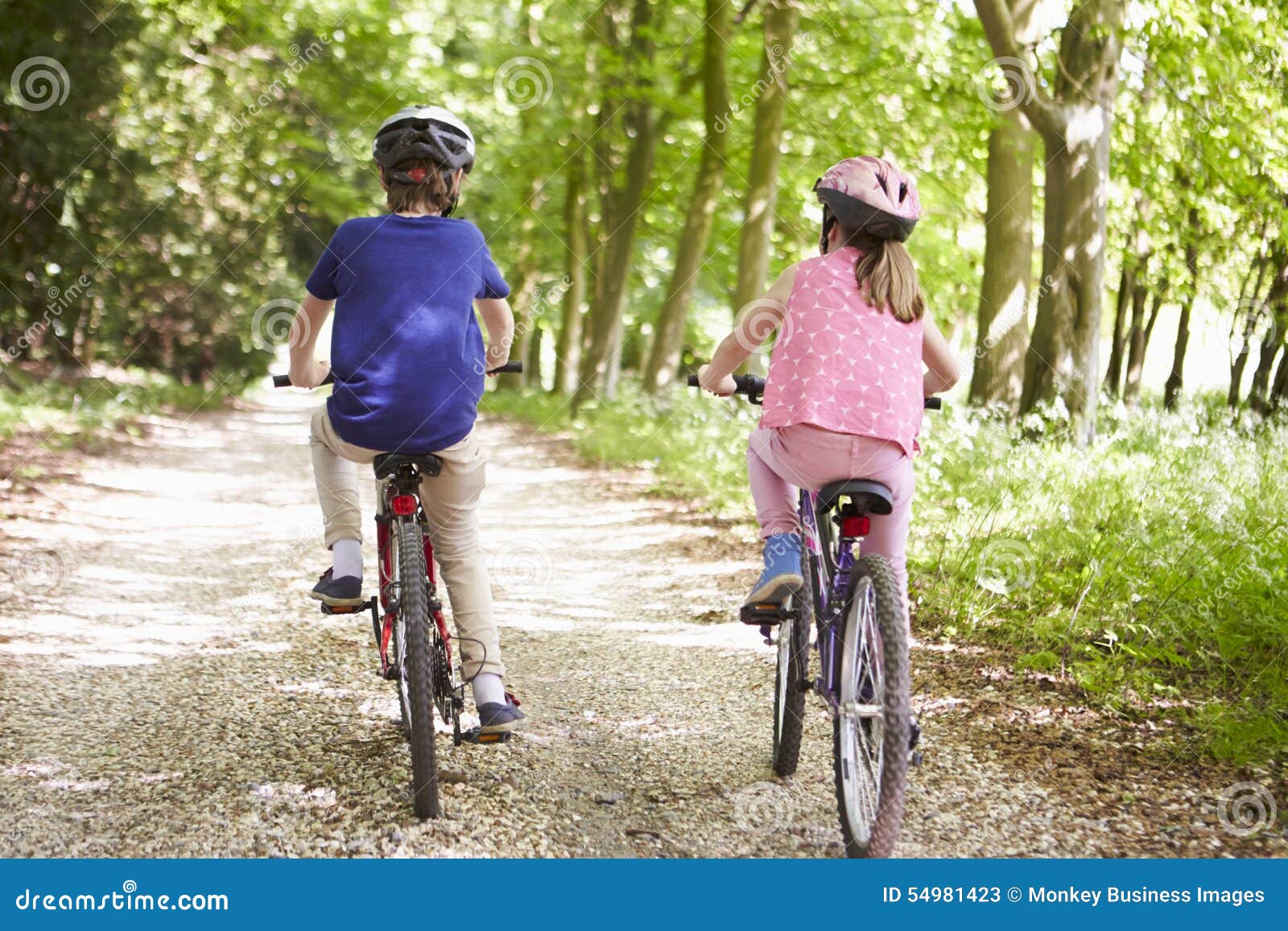 Rear View of Two Children on Cycle Ride in Countryside Stock Image ...