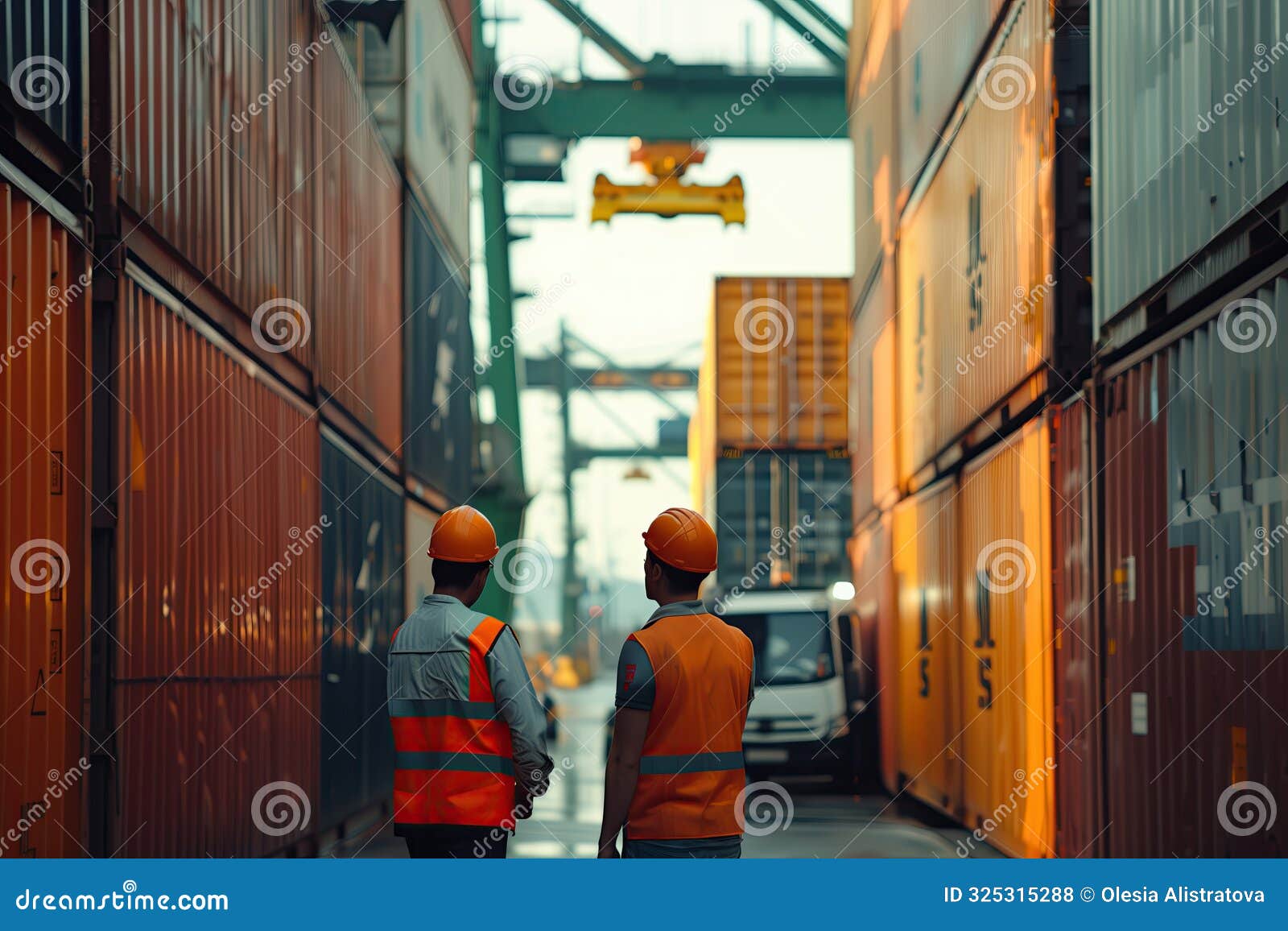 Rear View of Two Workers Standing in Front of Container Terminal Stock ...