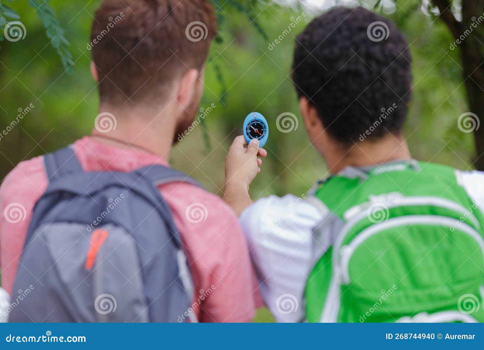 Rear View Two Young Male Backpackers Looking at Compass Stock Photo ...