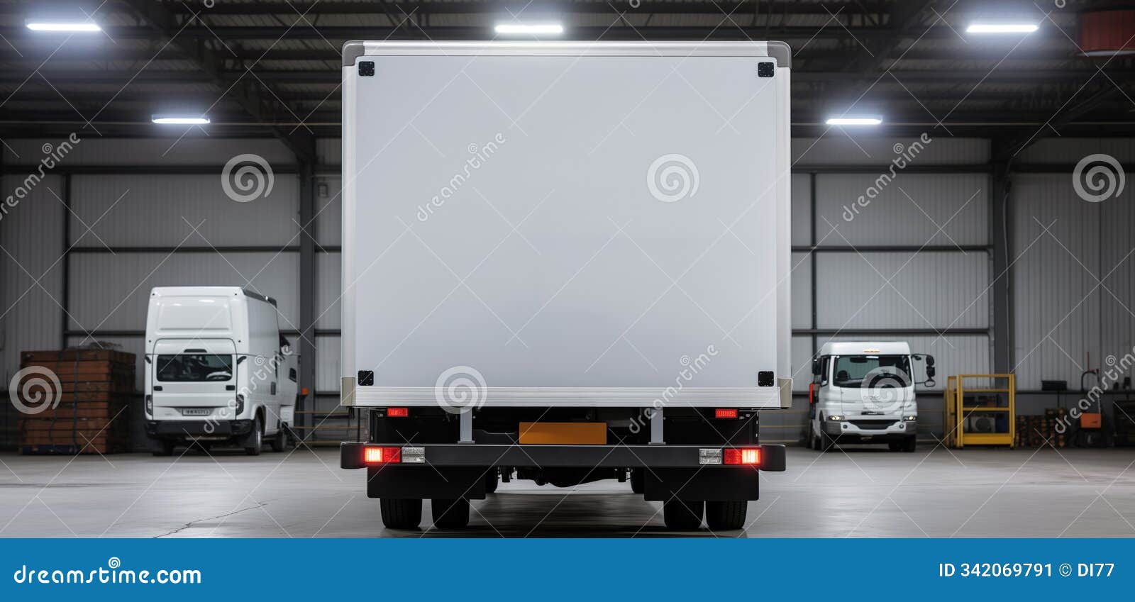 Rear View of White Box Truck in Industrial Warehouse Setting at Night ...