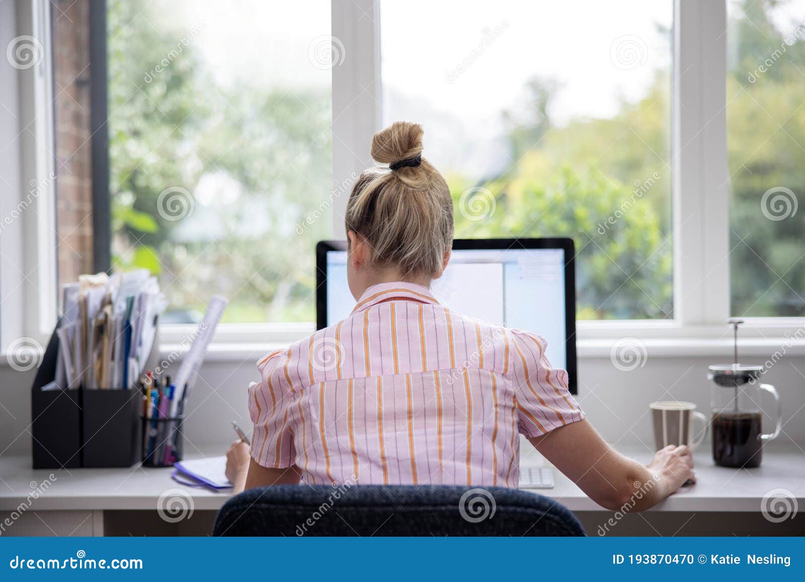 Rear View of Woman Working from Home on Computer in Home Office Stock ...