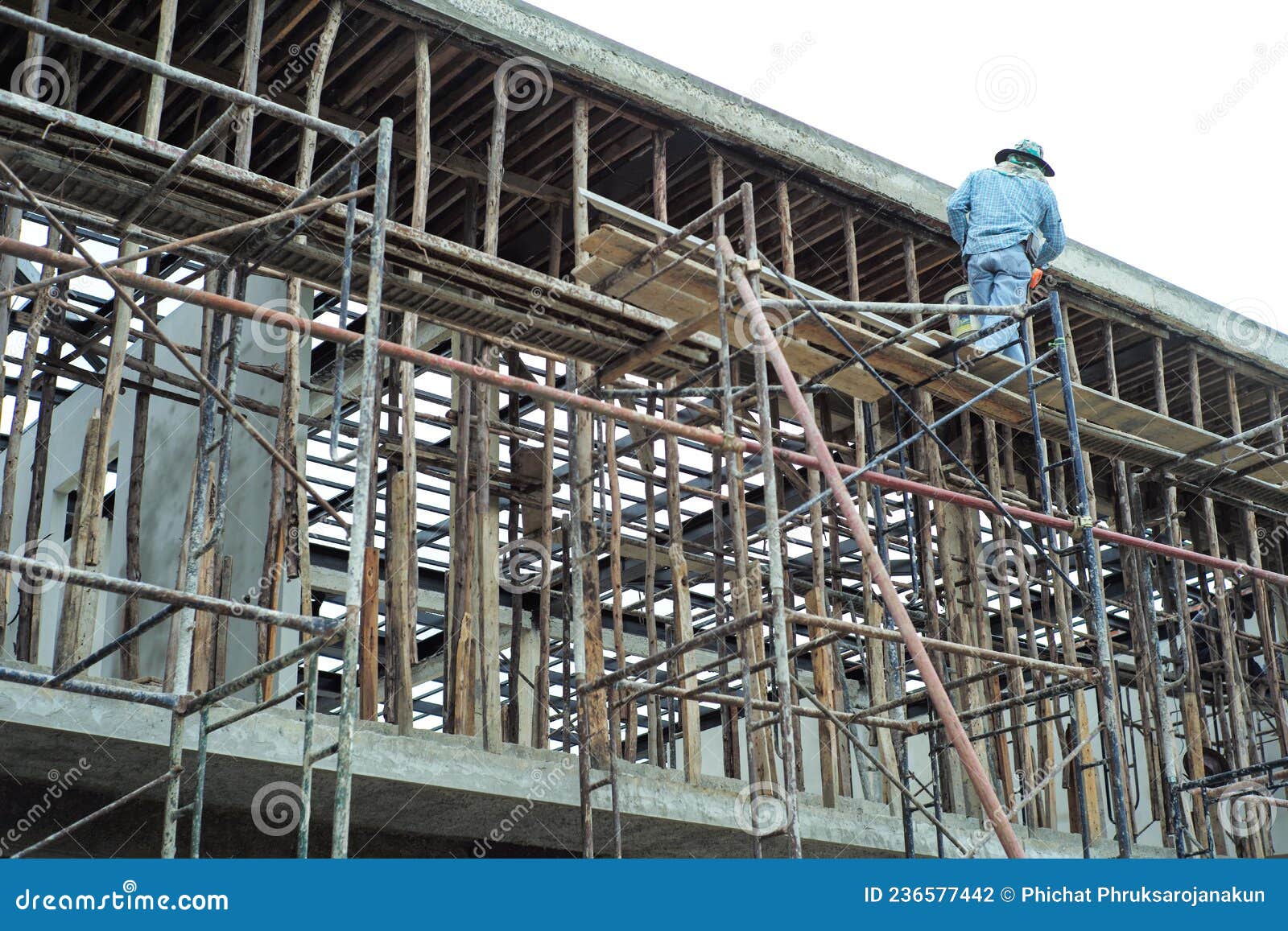 Rear View of Workers Stand on the High Scaffolding for Plastering ...