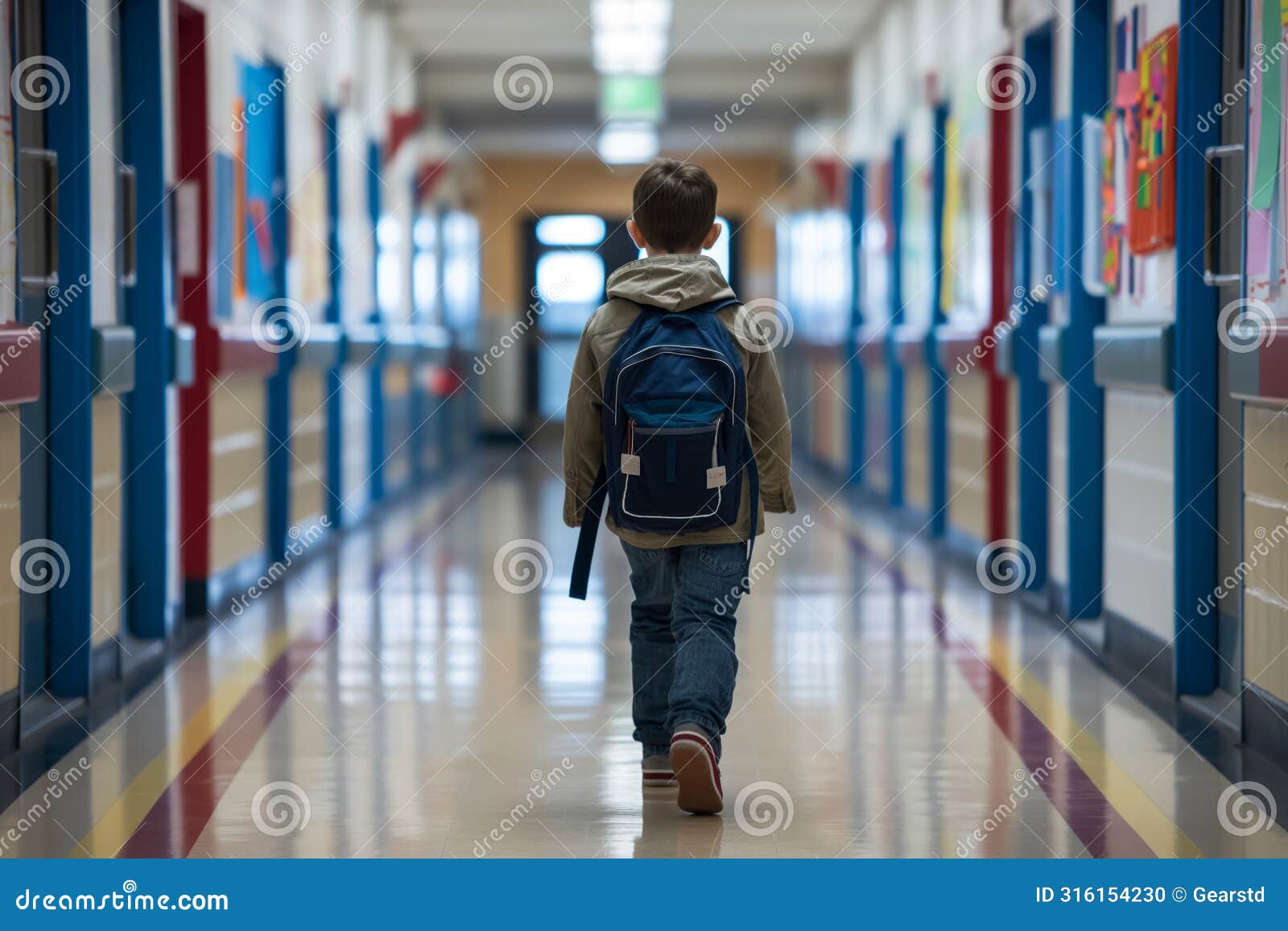 Young Boy Walking Alone in School Corridor Stock Photo - Image of ...