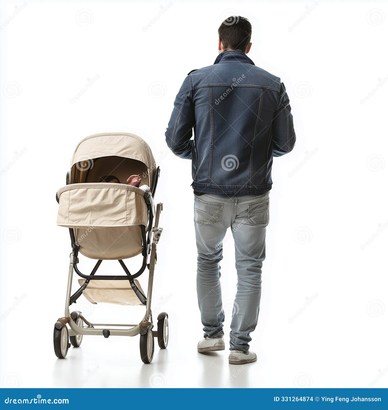 Rear View of Young Father with Pram, Isolated on White, Copy Space ...