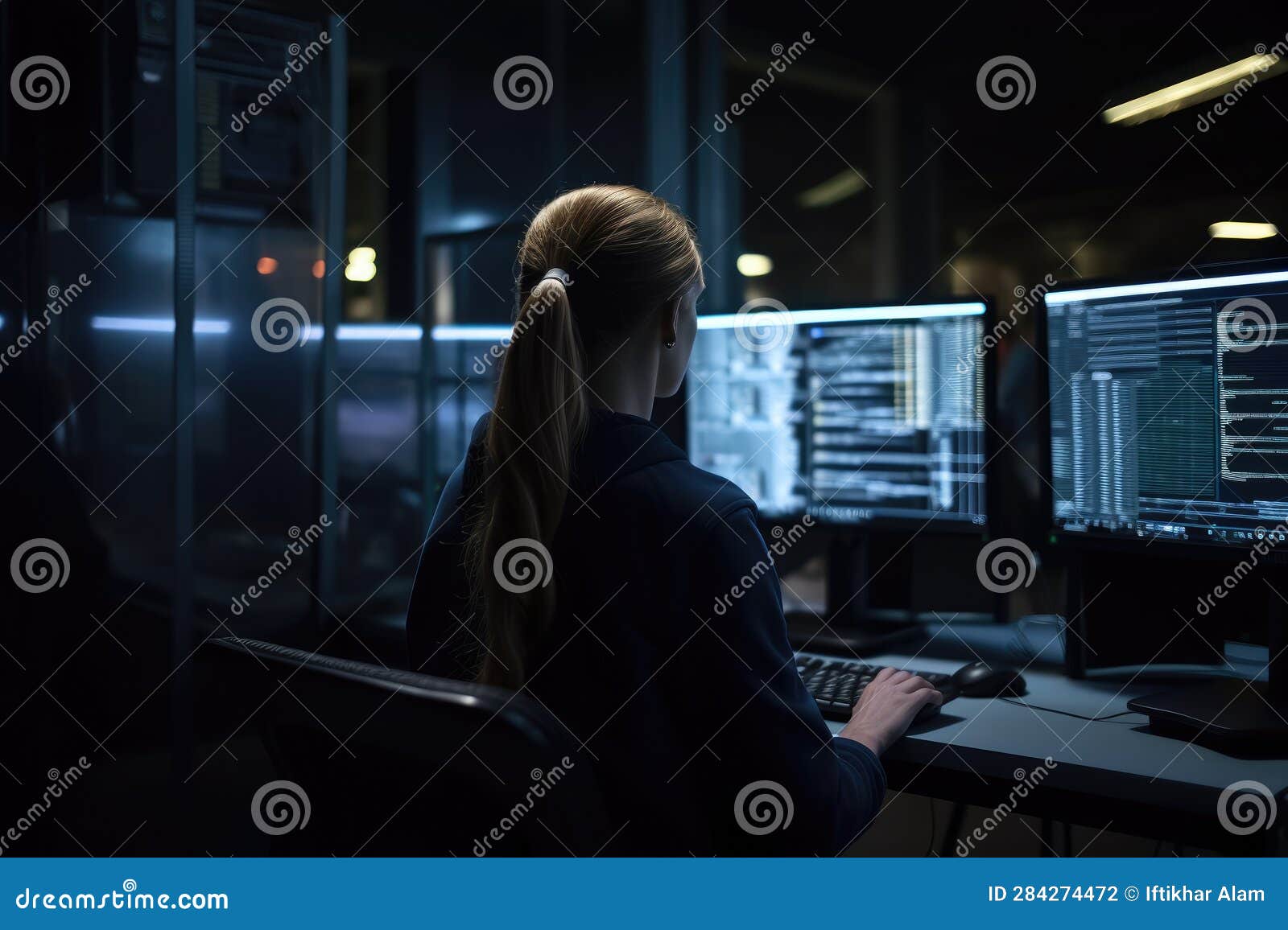 Rear View Of A Young Female Programmer Working On Computer In Dark Office A Female Programmer