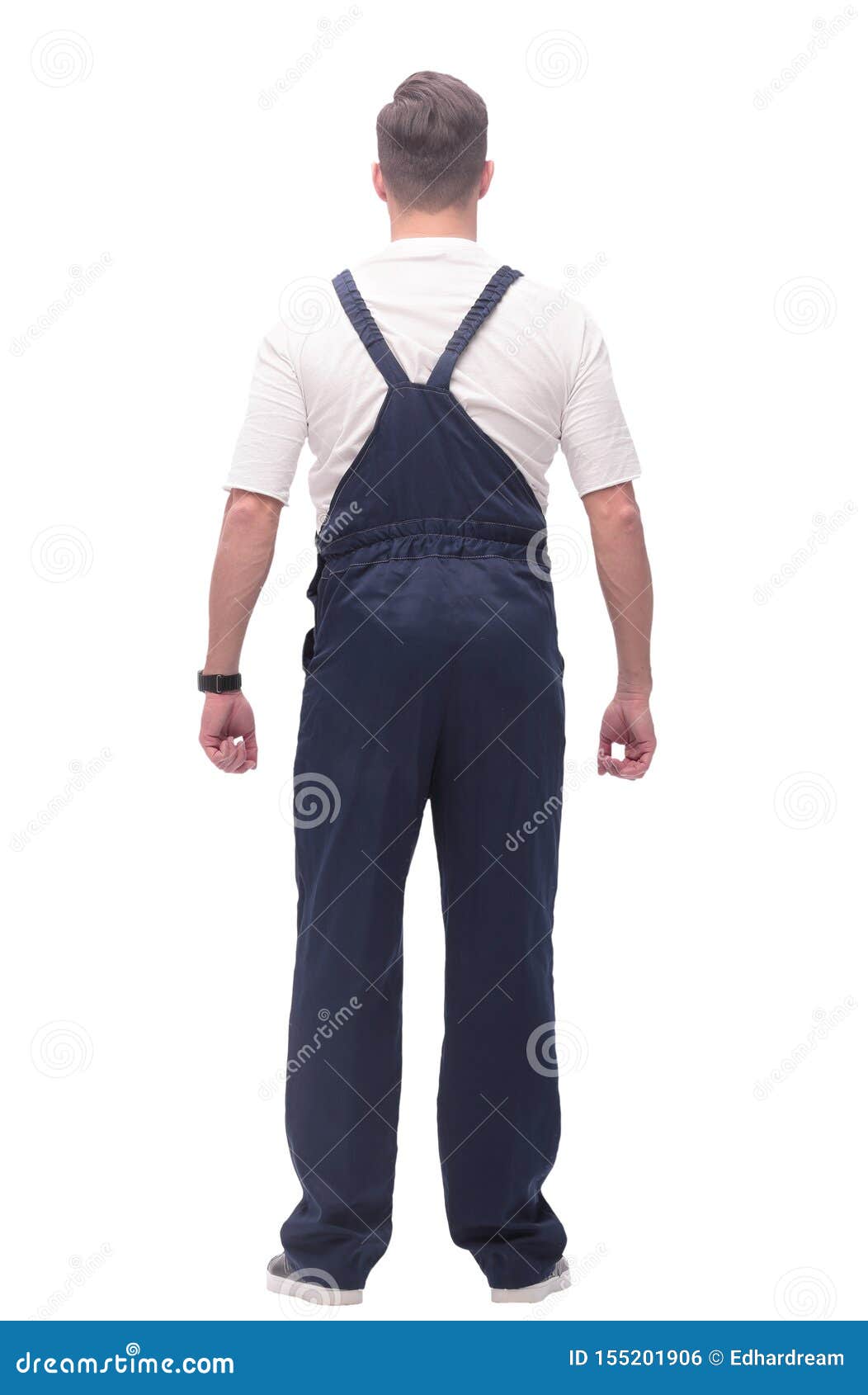 Rear View. Young Man in Overalls Looking Forward Stock Photo - Image of ...