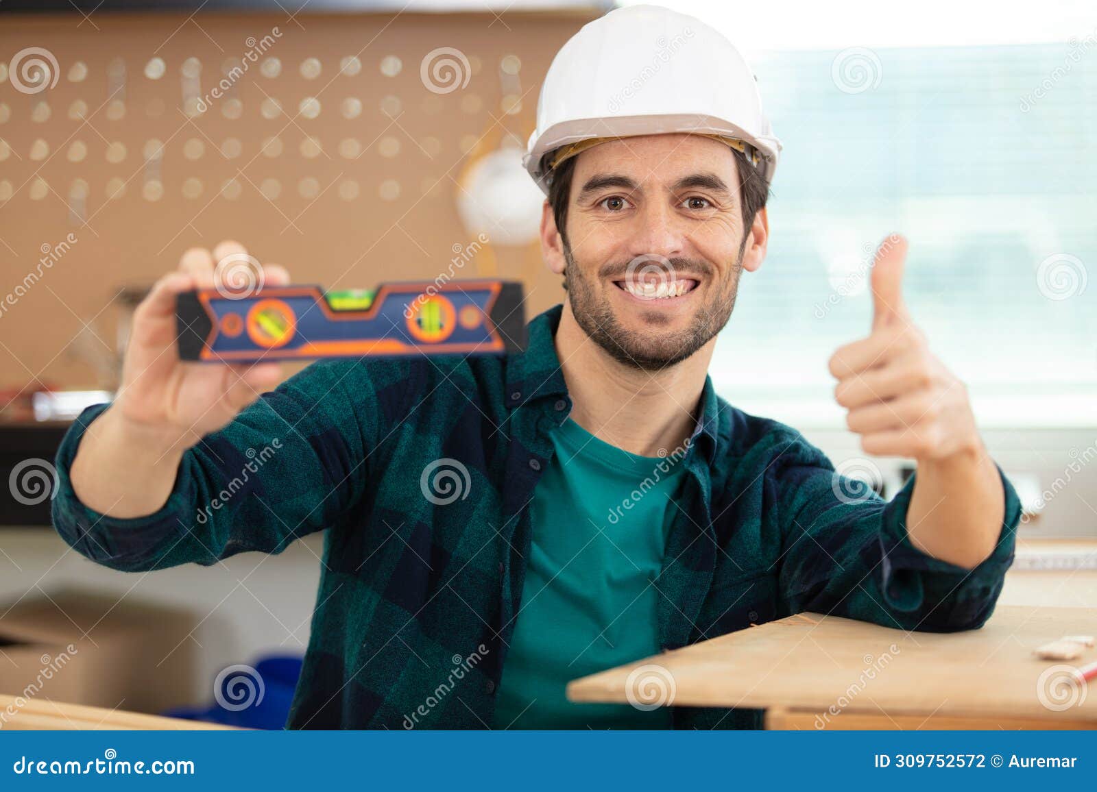 Rear View Young Man Using Spirit Level Stock Photo - Image of ...