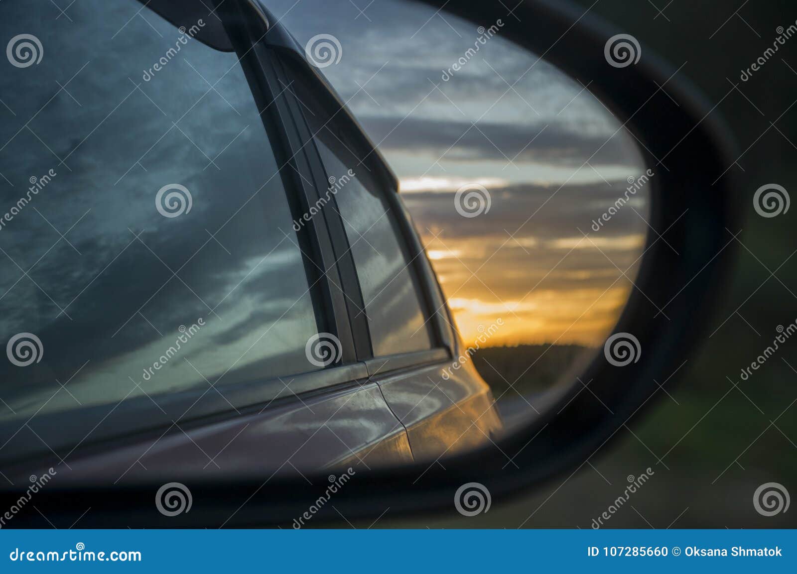 Rear Window of Auto with View of Sundown Landscape Stock Photo - Image ...