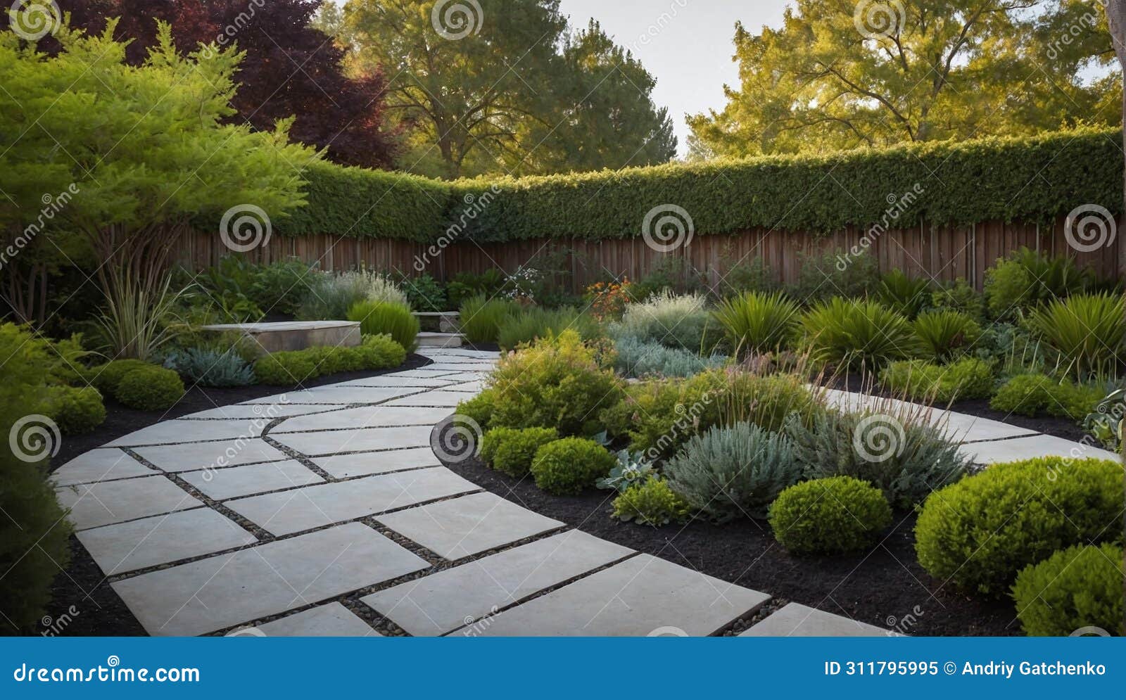 Rear Yard with Flagstone Paths, Hedge and Variety of Plants and Shrubs ...