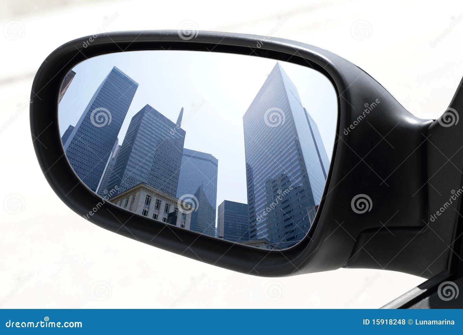 Rearview Car Driving Mirror View City Downtown Stock Photo - Image of ...