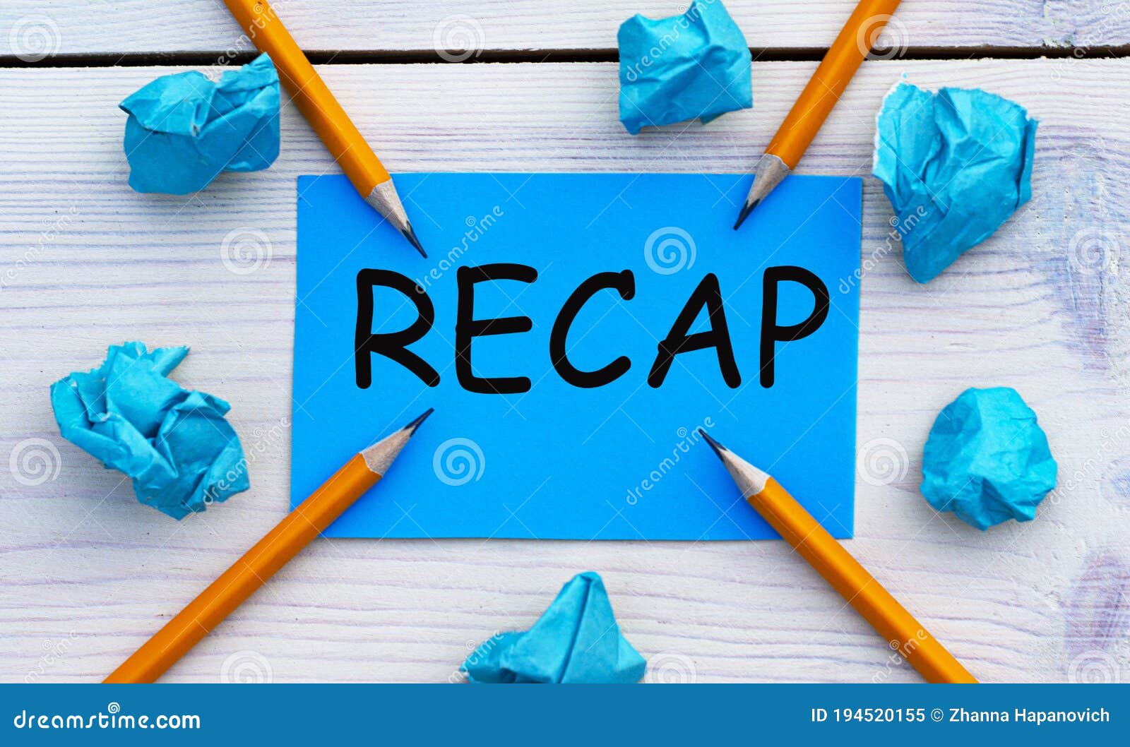 RECAP - Word on Blue Paper on a Light Background with Crumpled Pieces ... RECAP - Word on Blue Paper on a Light Background with Crumpled Pieces ...