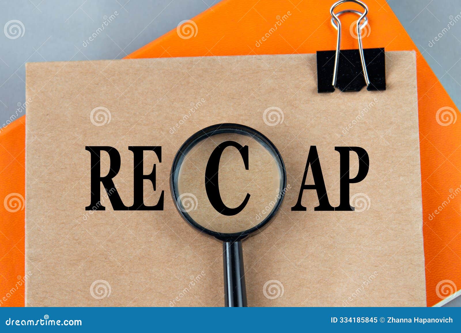 RECAP - Word on a Brown Sheet with a Magnifying Glass in the Center ...