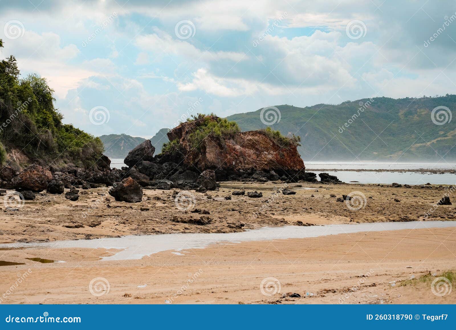 Receding Beach with Big Rocks and Hills Overgrown with Greenery Stock ...