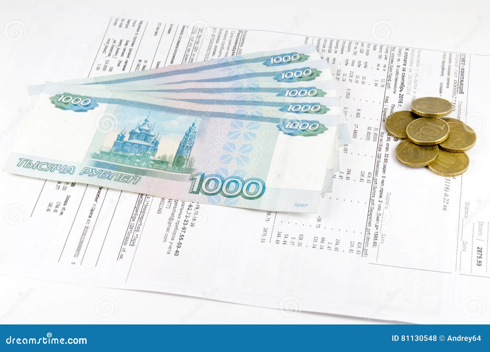 Receipt for Utilities and Russian Money Rubles on a White Background ...