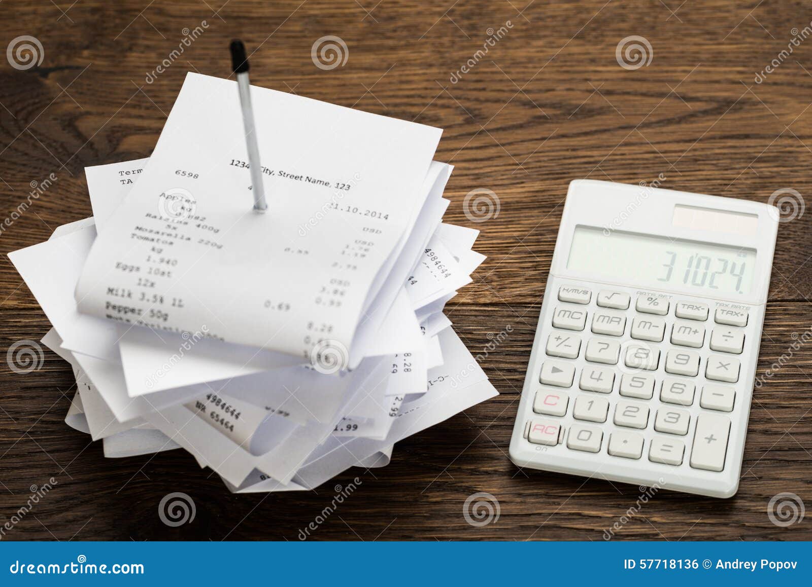 Receipts with Calculator on Table Stock Photo - Image of addition ...