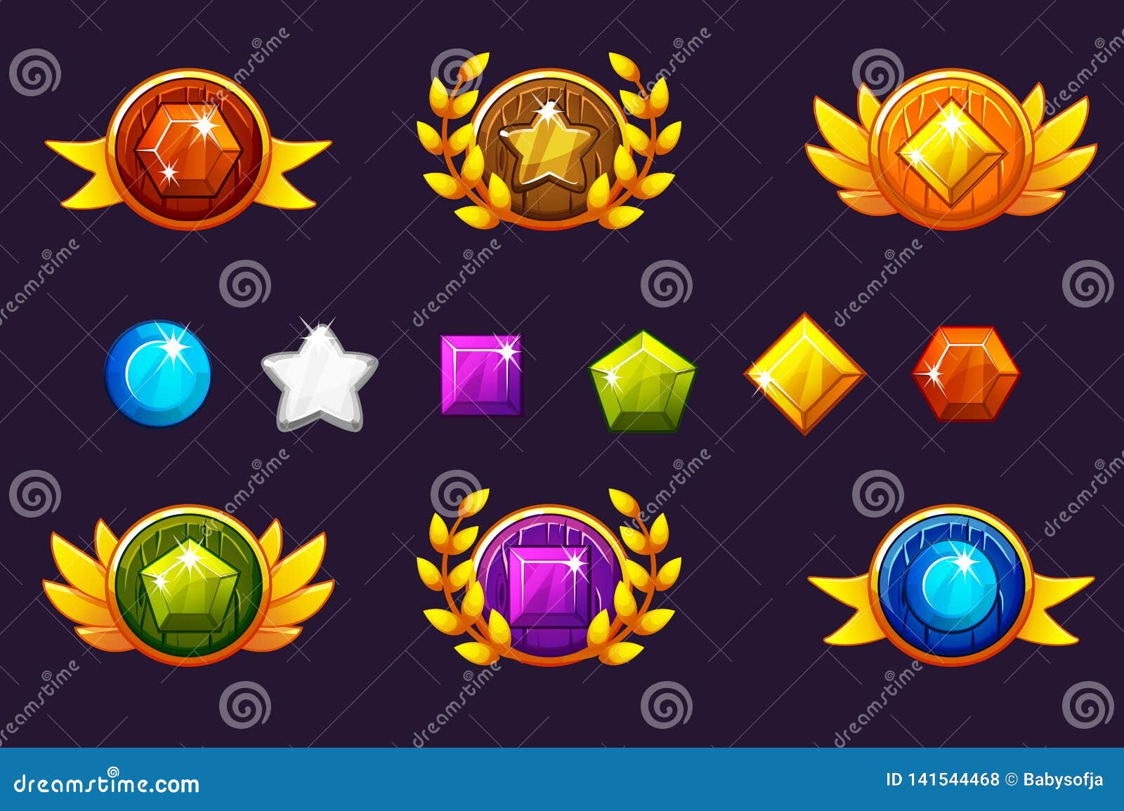 Receiving Achievement Awards Round Shield and Gems Set, Different ...