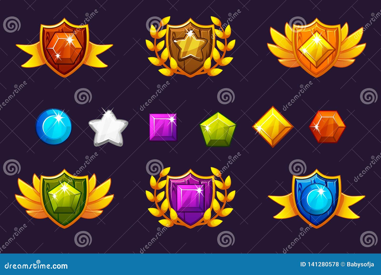 Receiving Achievement Awards Shield and Gems Set, Different Awards. for ...