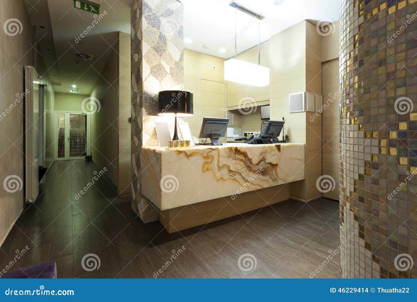 Reception Area with Marble Reception Desk Stock Photo - Image of brown ...