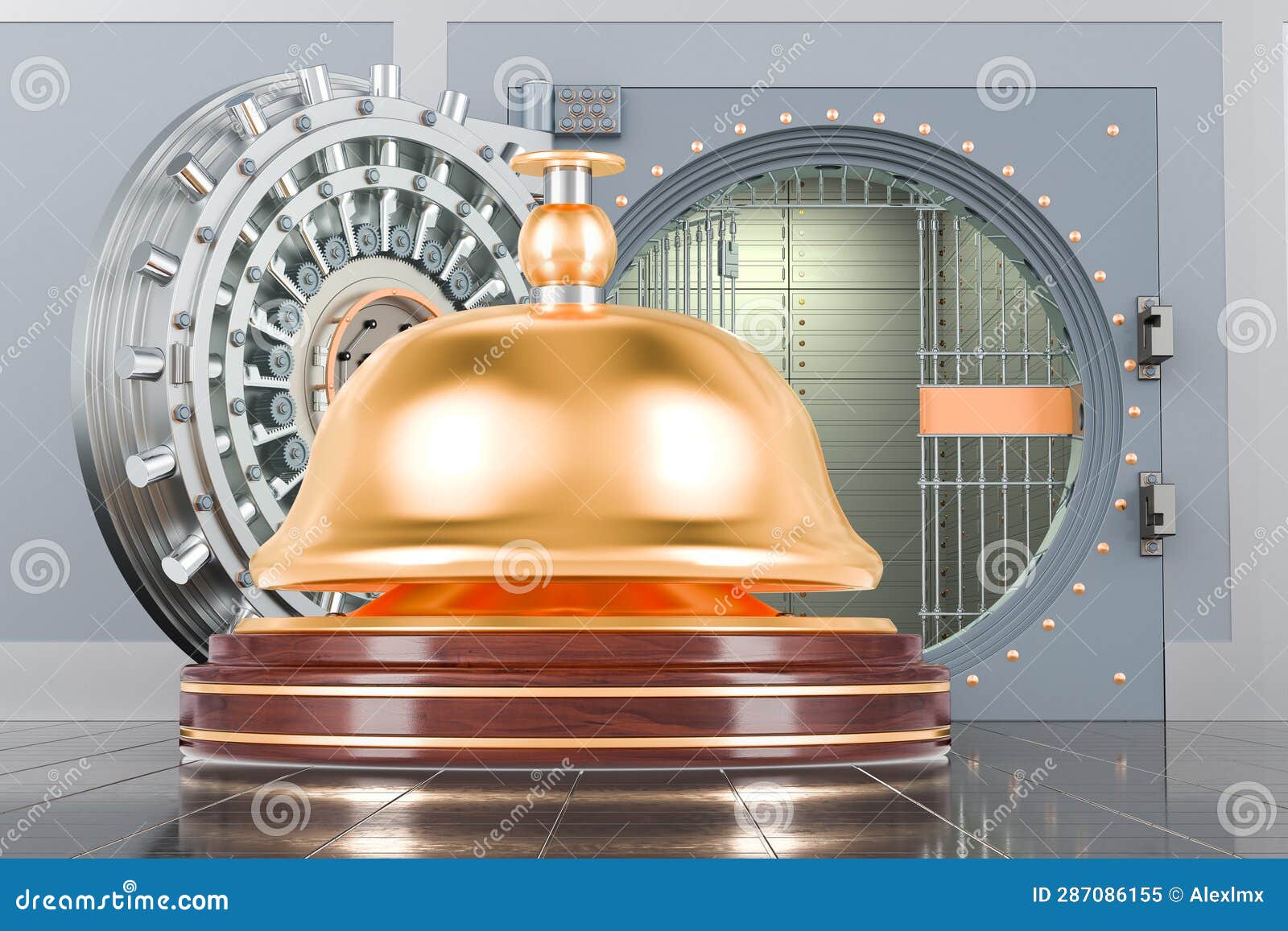 Reception Bell with Opened Bank Vault, 3D Rendering Stock Illustration ...