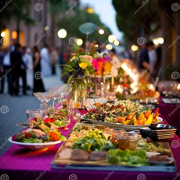 Reception Buffet Setup in Vibrant Urban Setting Stock Illustration ...