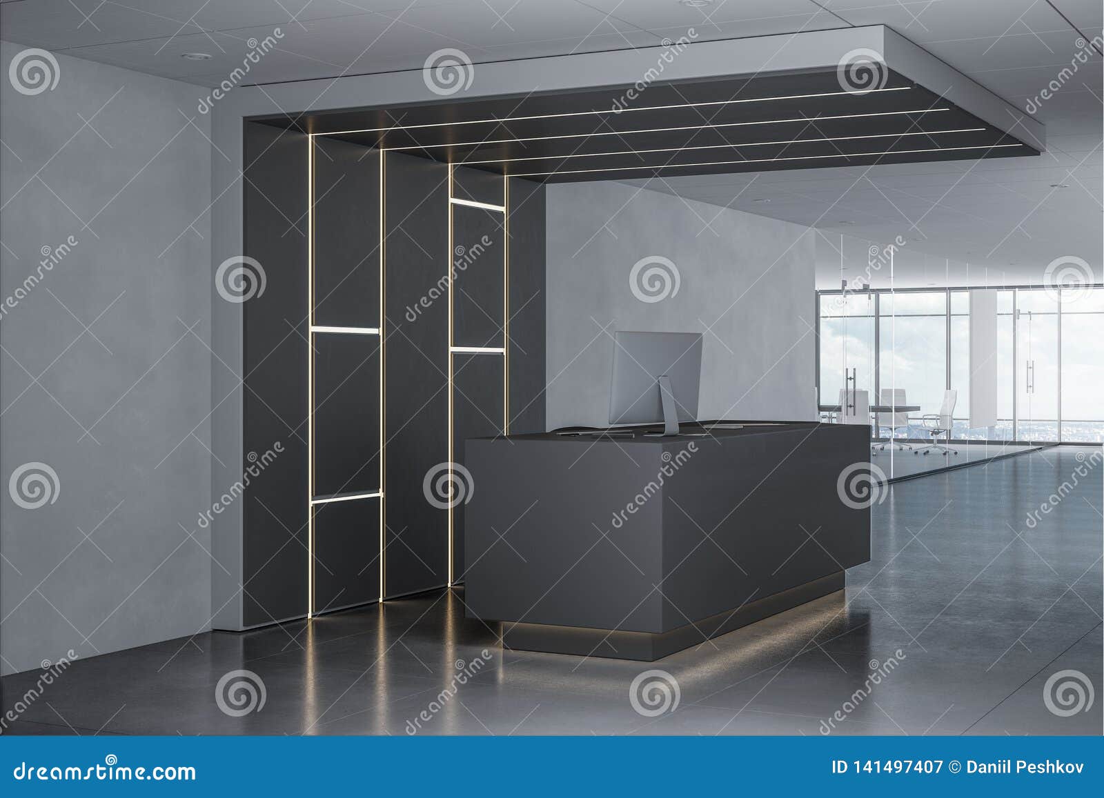 Reception in Concrete Lobby Sideview Stock Illustration - Illustration ...