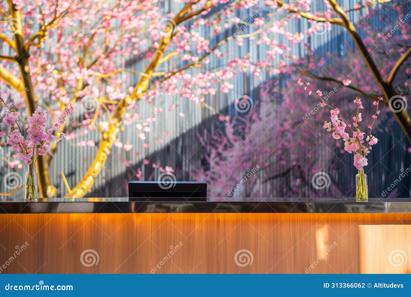 Reception Desk with a Backdrop of Blooming Cherry Trees Stock Photo ...