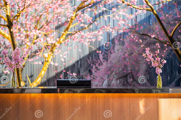 Reception Desk with a Backdrop of Blooming Cherry Trees Stock Photo ...
