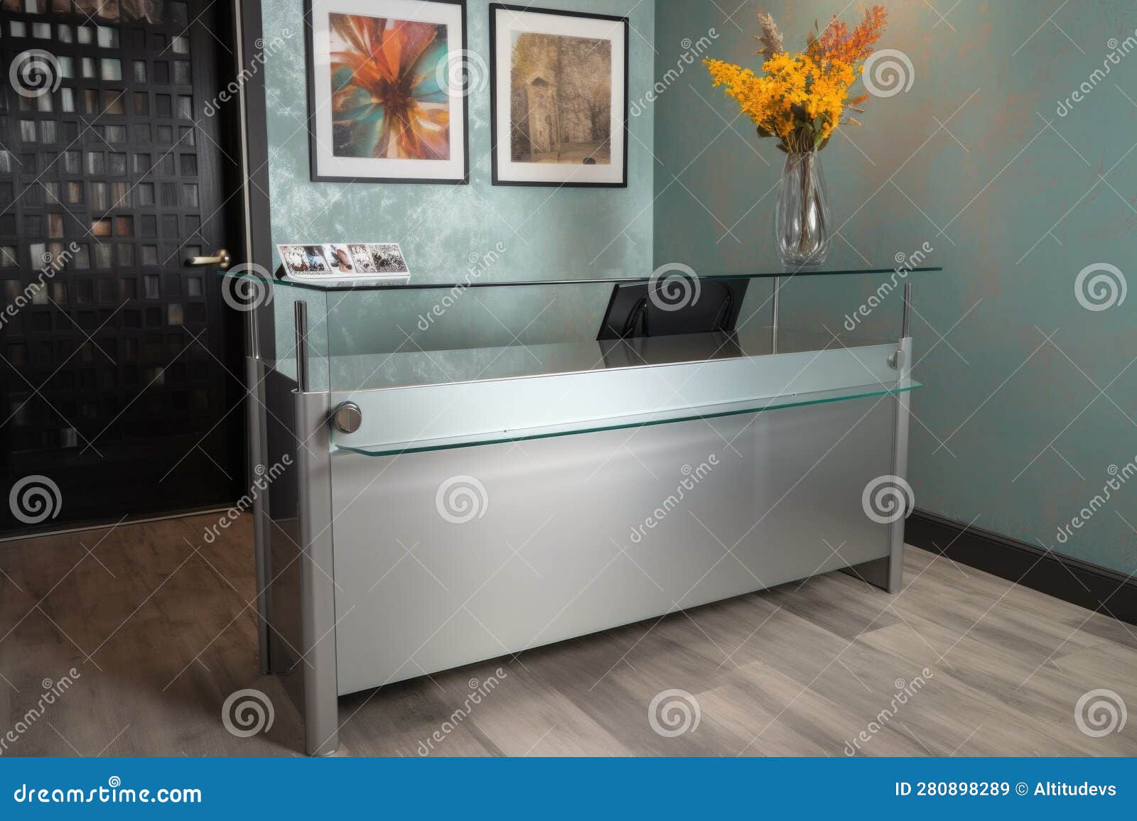 Reception Desk with a Glass Top, Sleek Silver Frame and Modern ...