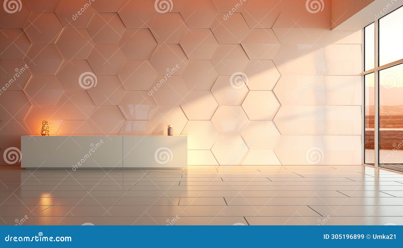 Reception Desk in a Modern Lobby with Geometric Wall Design, Sunset ...