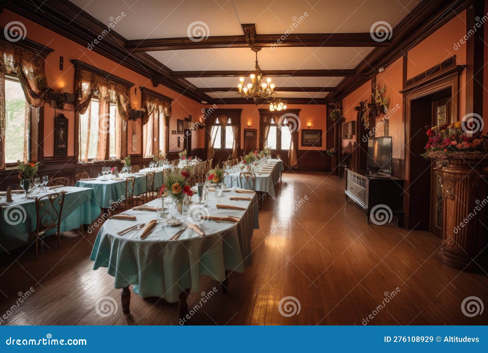 Reception Hall, with Tables Set for Dinner and Dancing, Ready for the ...
