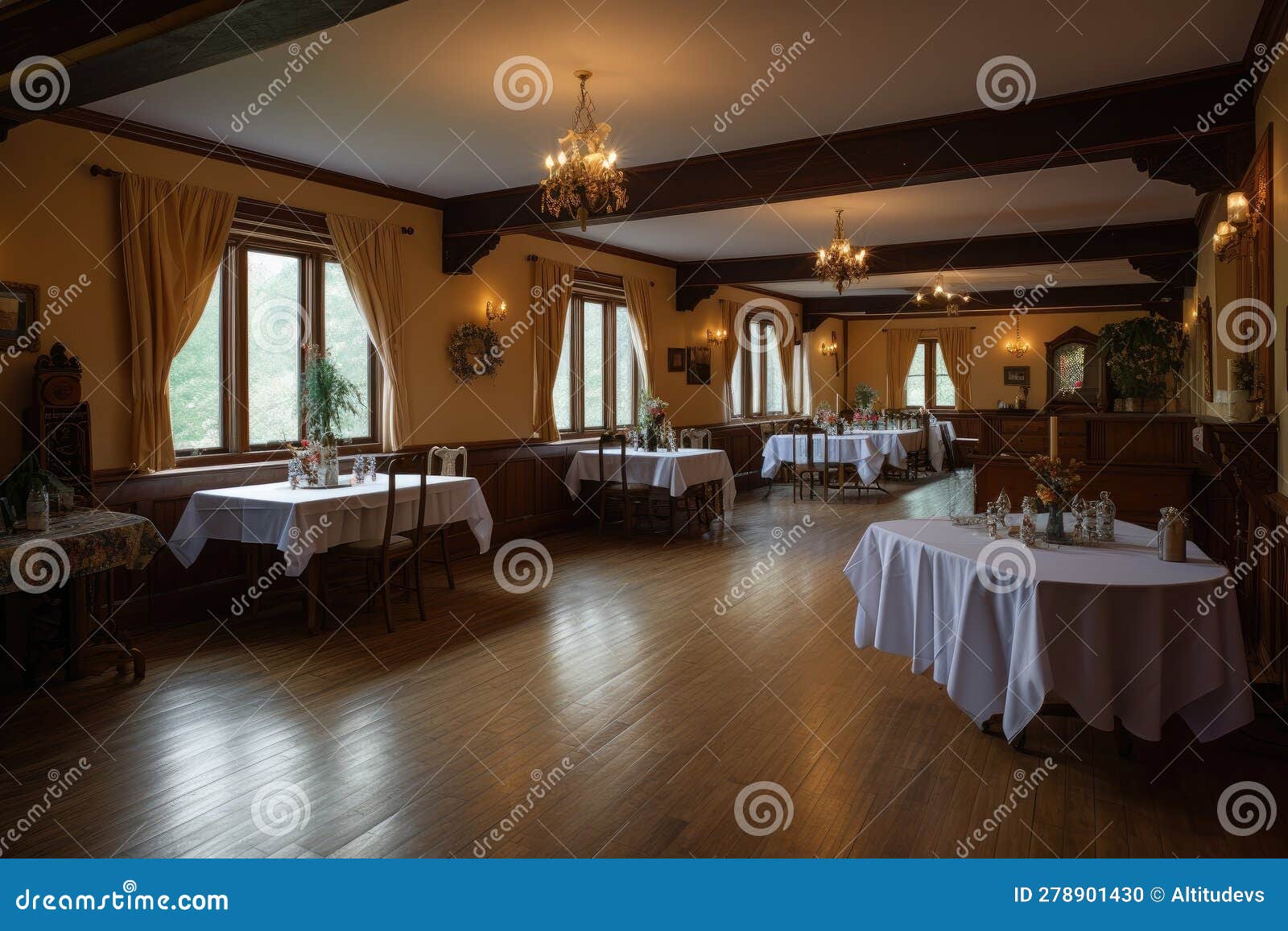 Reception Hall, with Tables Set for Dinner and Dancing, Ready for the ...