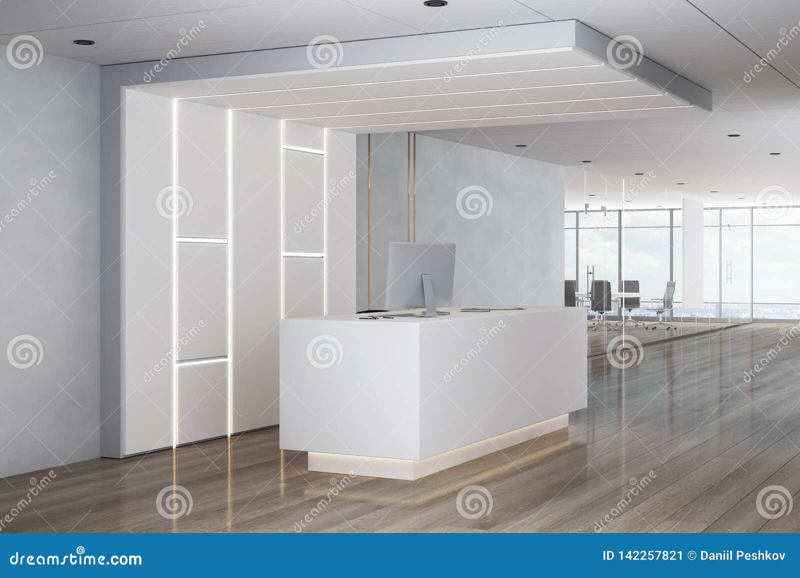 Reception in Modern Lobby Sideview Stock Illustration - Illustration of ...