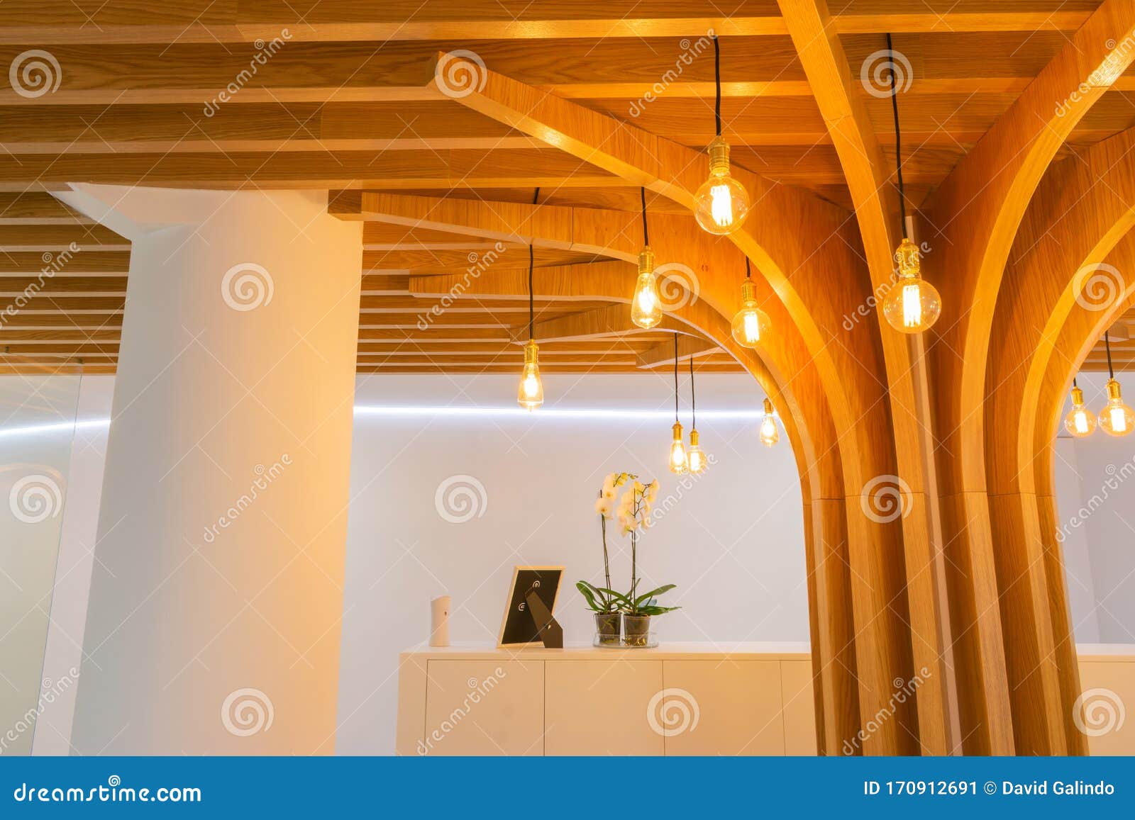Reception Of Modern Office With Lights And Wood On The Ceiling Royalty ...