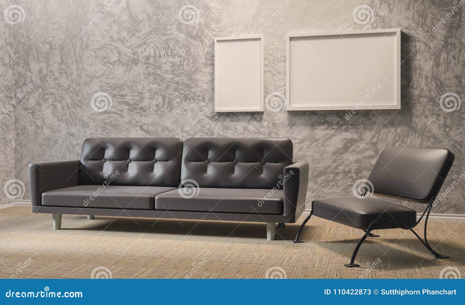Reception Room Loft Style Leather Sofa and Chair 3D Rendering Stock ...