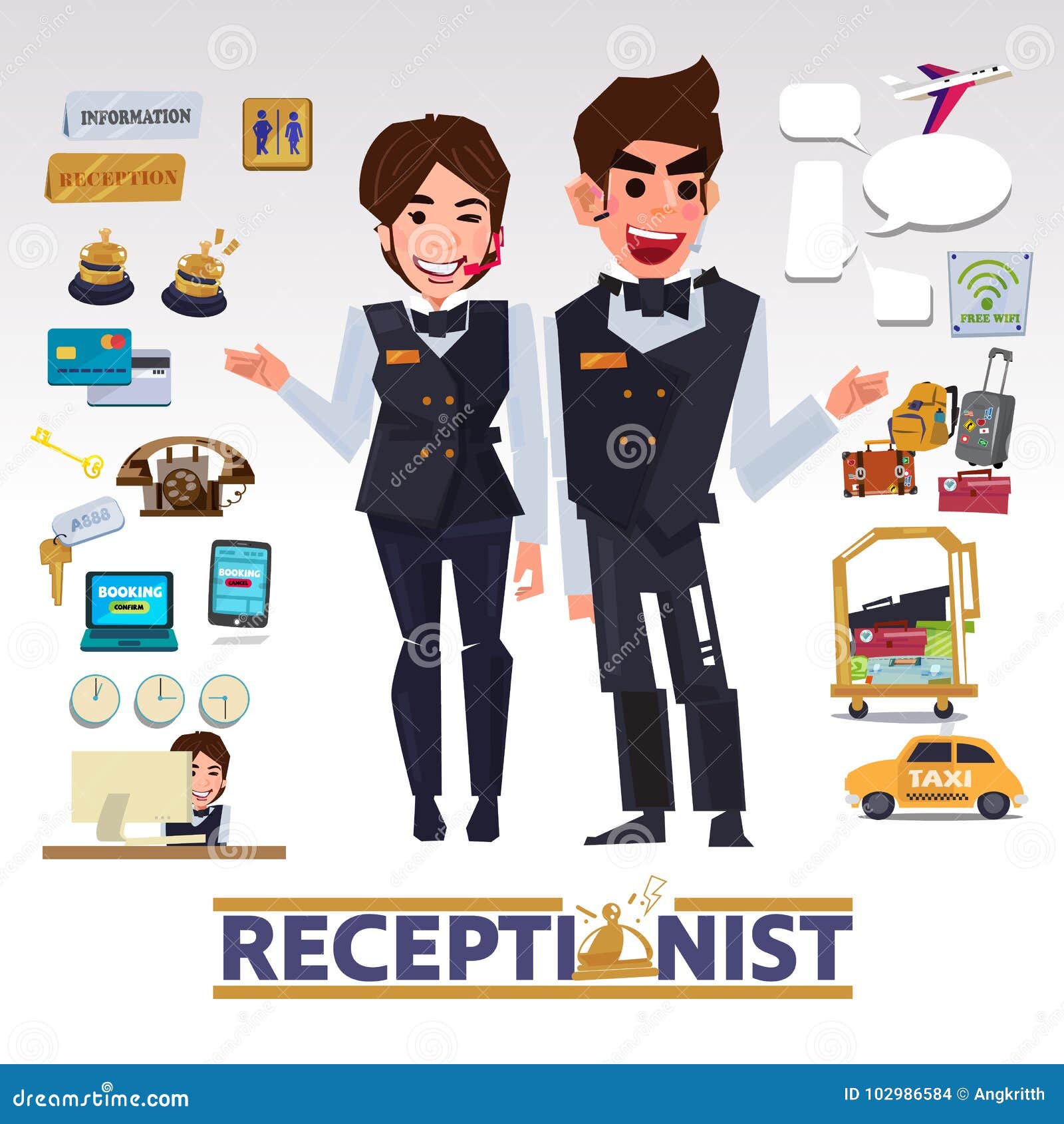 Receptionist Character Design with Hotel Reception Icon Elements ...