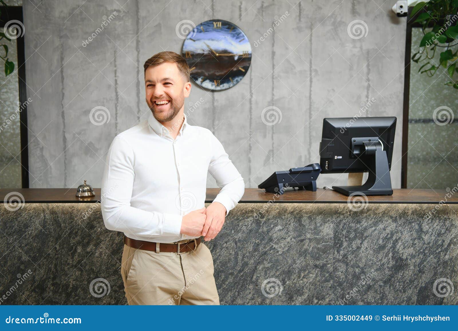 Receptionist at Desk in Lobby Stock Image - Image of office, reception ...