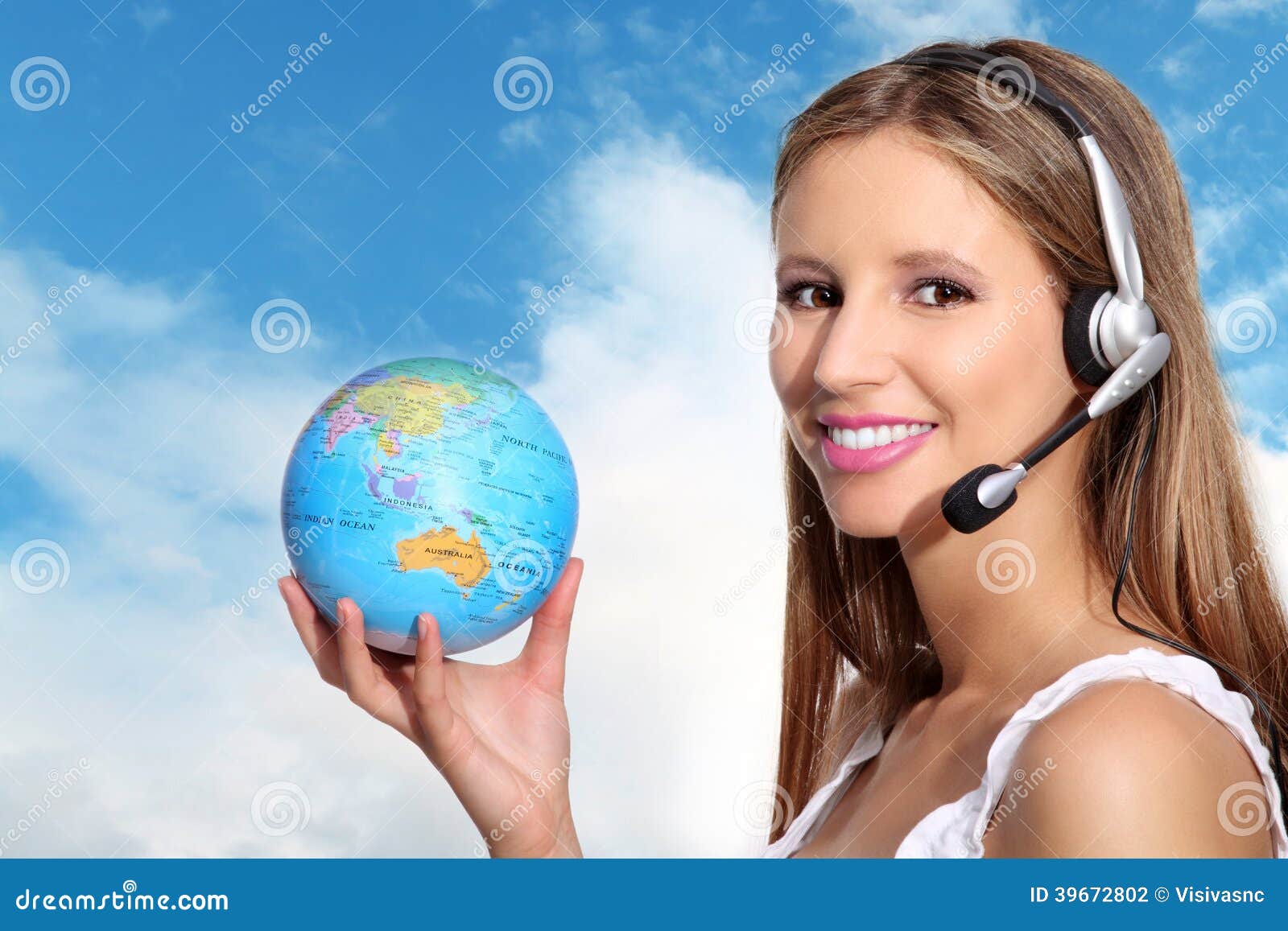Receptionist with Headphones and Globe Stock Photo - Image of corporate ...