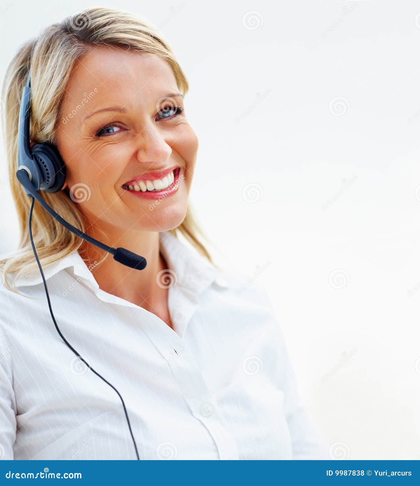 Receptionist with a Headset Smiling Over White Stock Photo - Image of ...